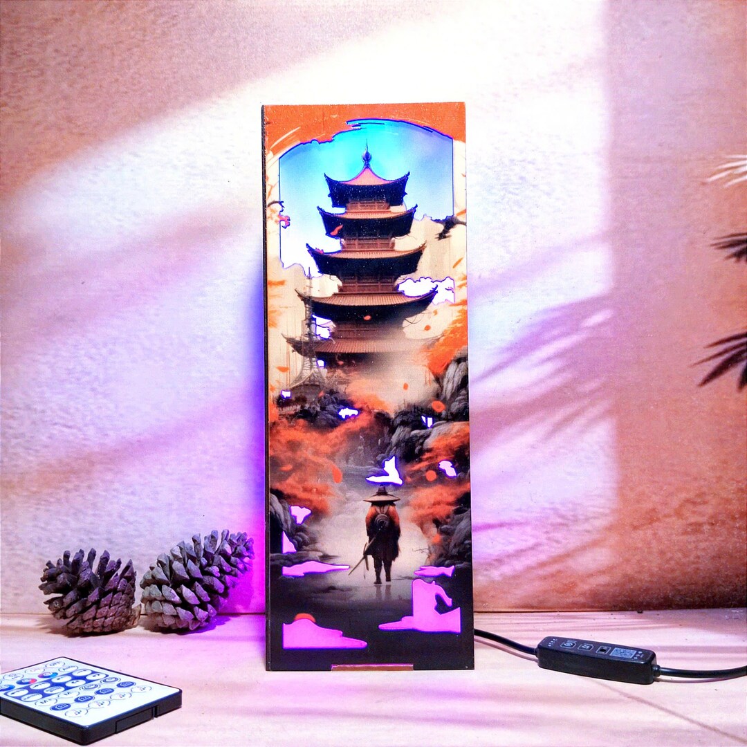 Samurai & Temple- Inspired Wooden Box Lamp, RGB Led, Featuring ...