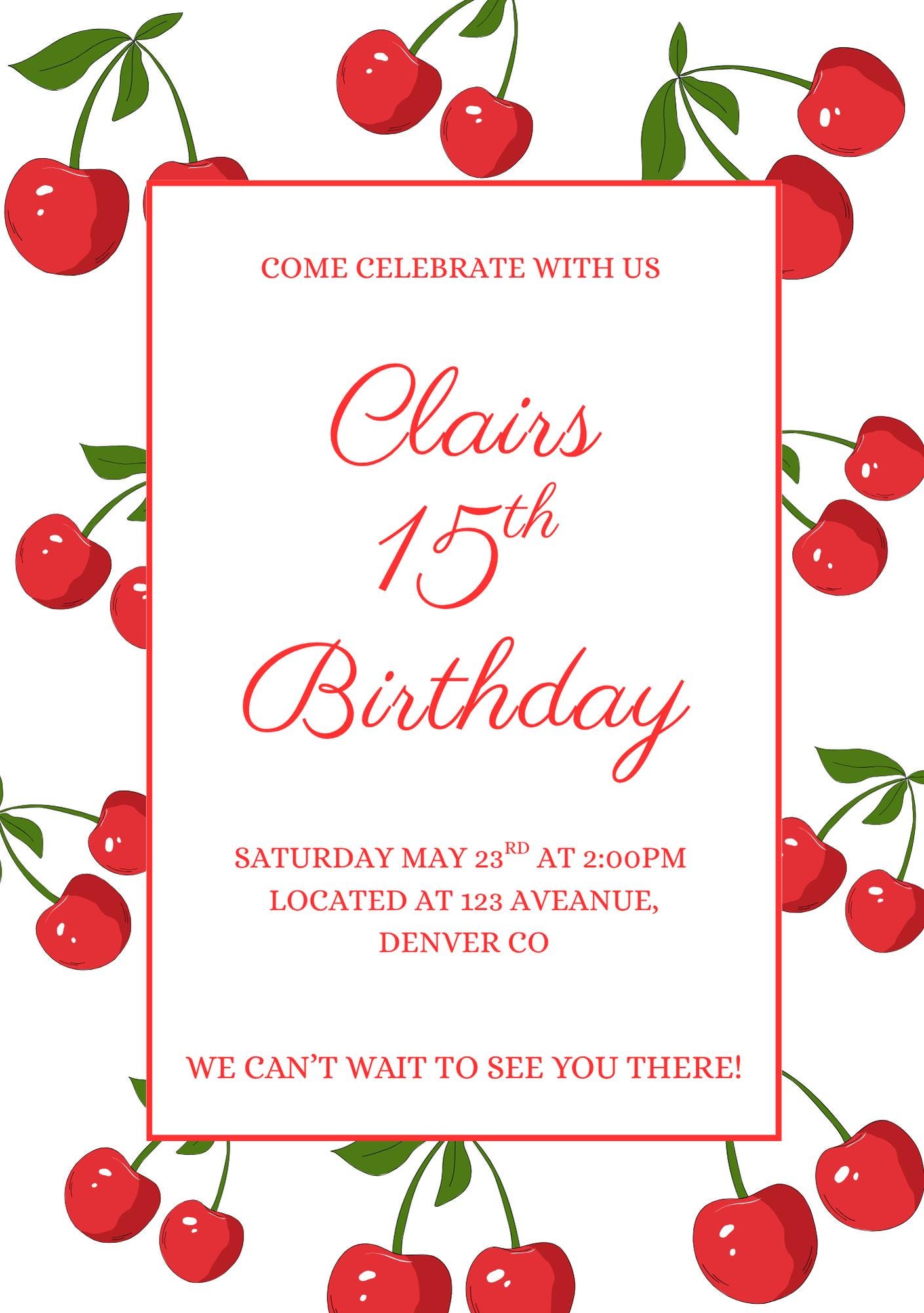 Editable Cherry Design Birthday Invitation, Cute Cherry Birthday ...