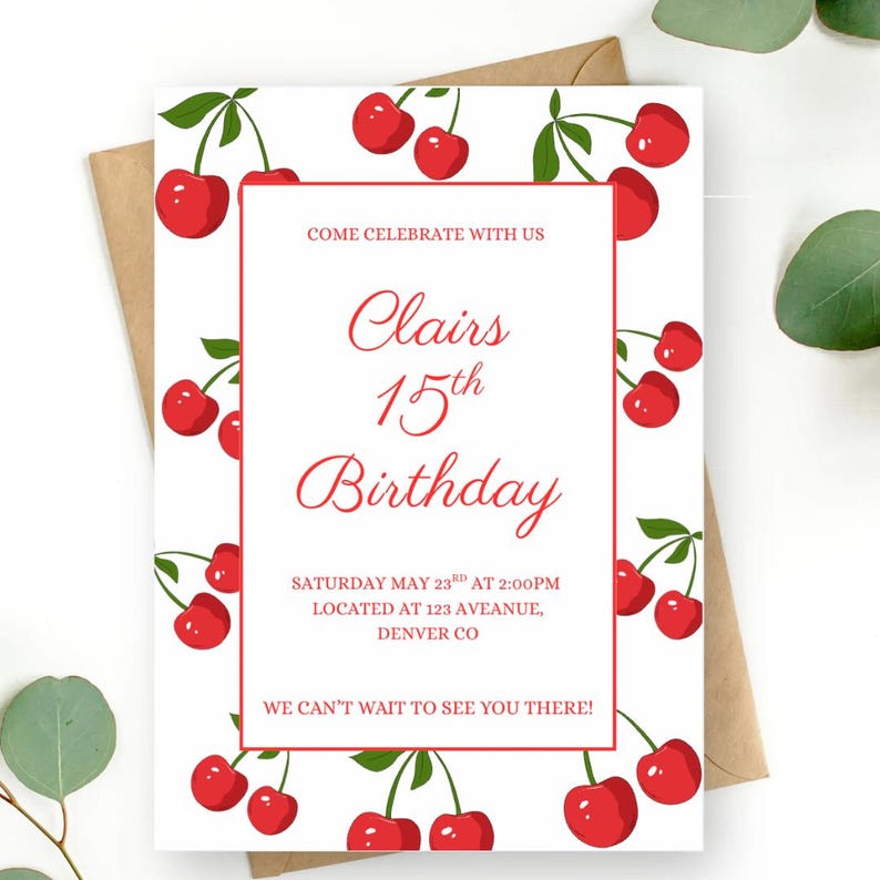 Editable Cherry Design Birthday Invitation, Cute Cherry Birthday ...