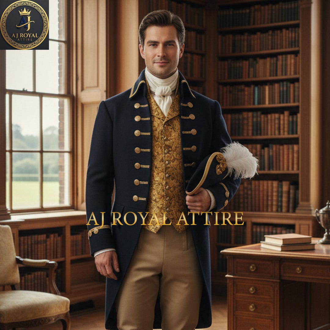 Mens Regency Costume Navy Blue Regency Jacket Tailcoat With Gold ...