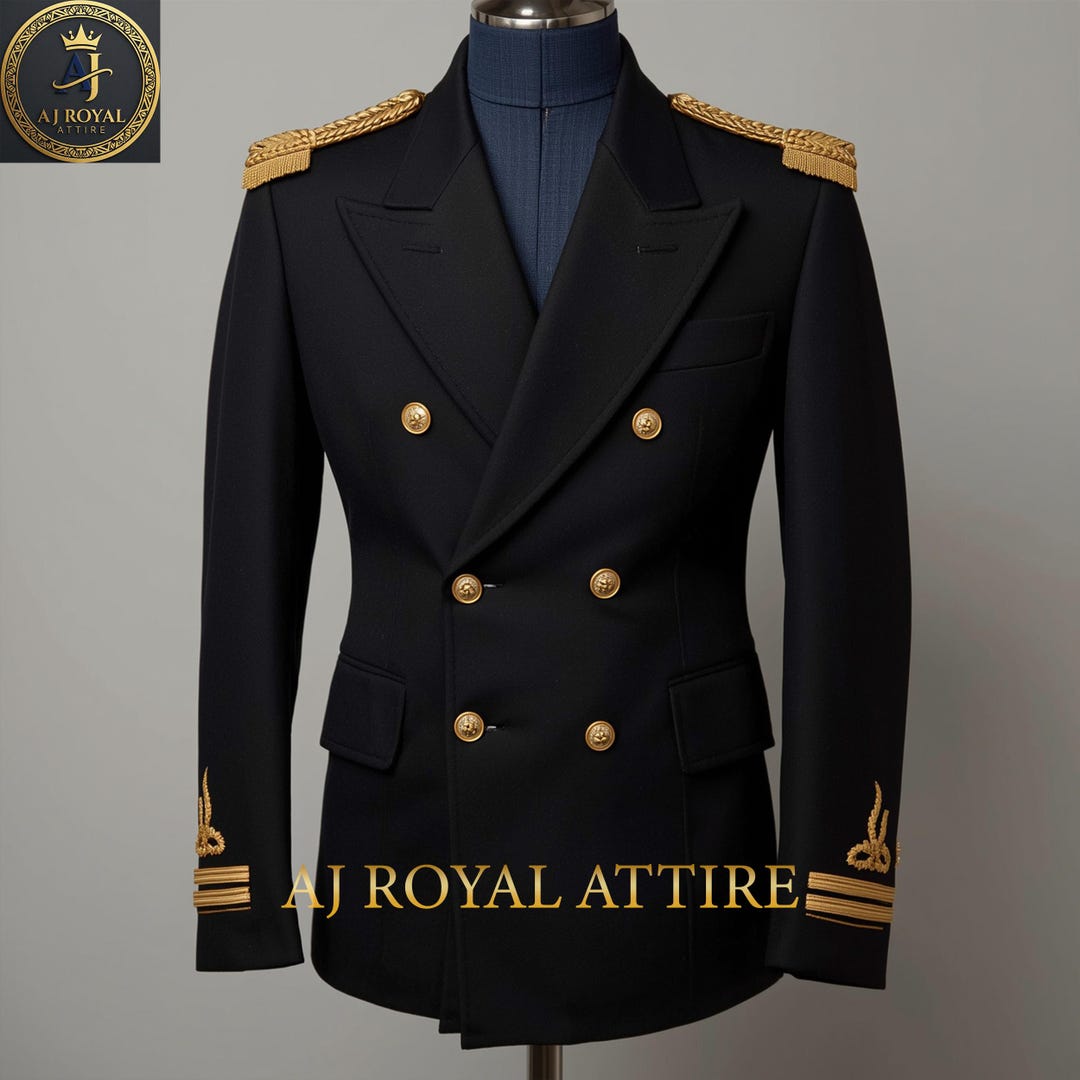 Men’s Black Double-breasted Naval Blazer With Gold Braid Officer Jacket ...