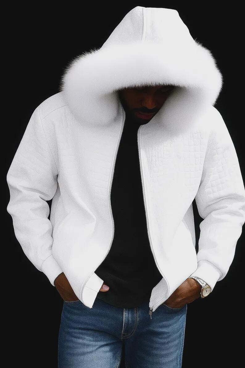 Handmade Crocodile Embossed Leather Jacket: White Fur Hood, Puffer ...