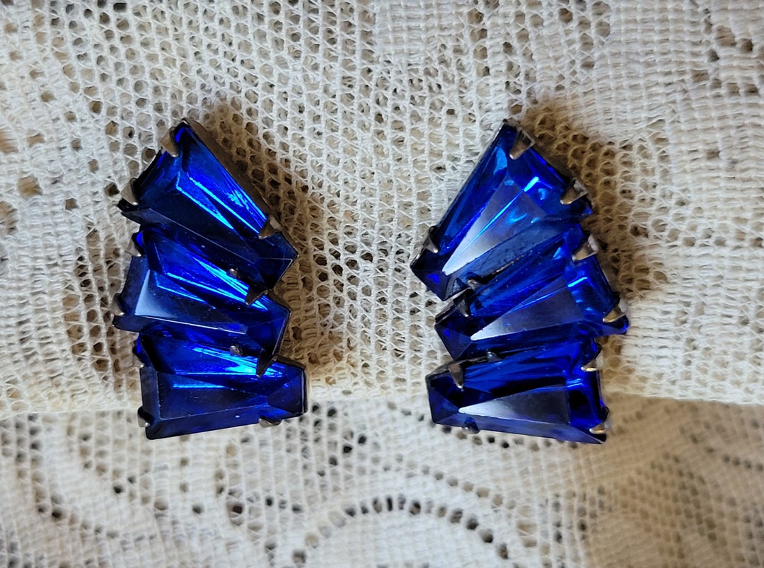 Deco Royal Blue Clip on Earring Geometric Vintage 20240409A - Etsy