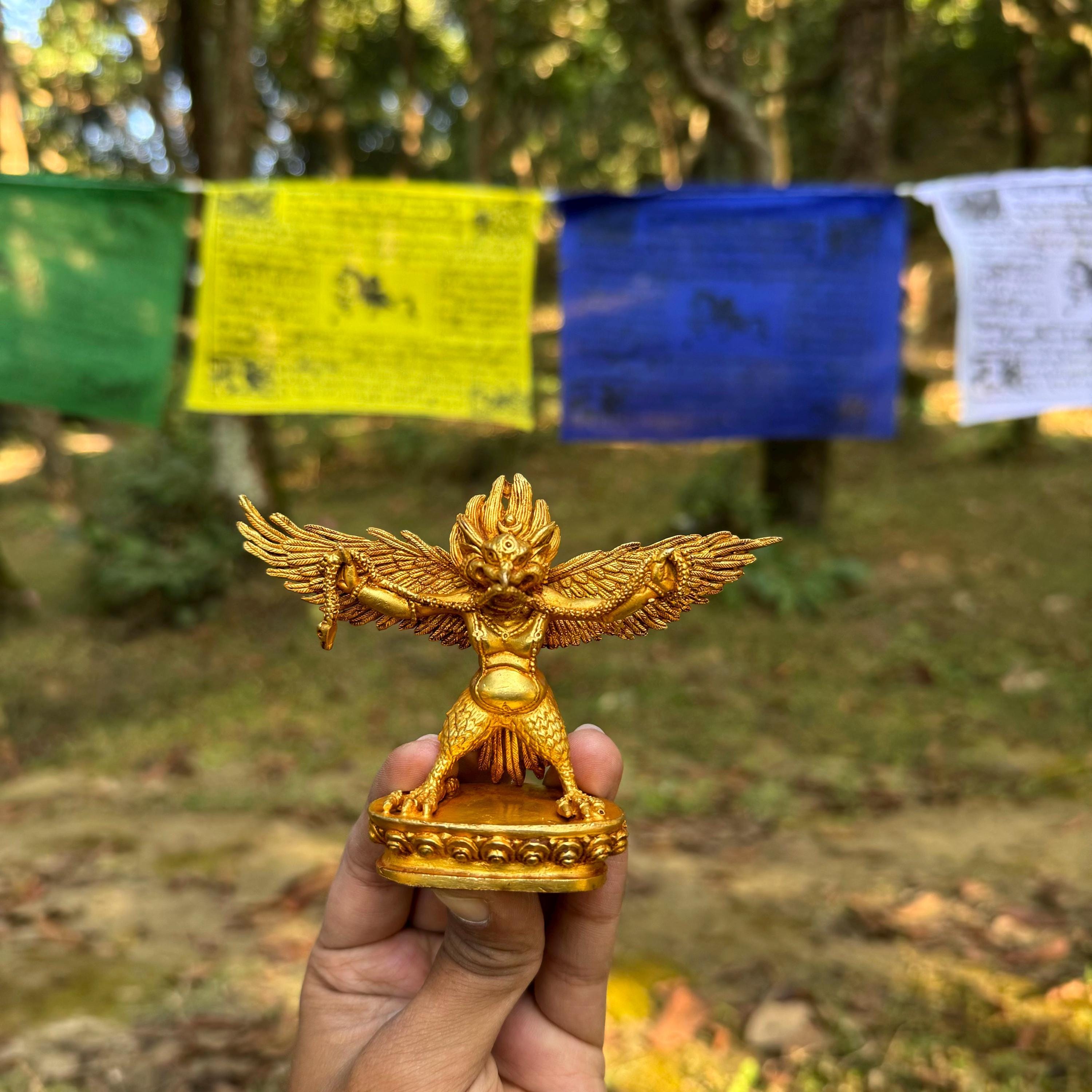 Gold Leaf Garuda Statue: Copper Altar Decor With Prayer Flag - Etsy