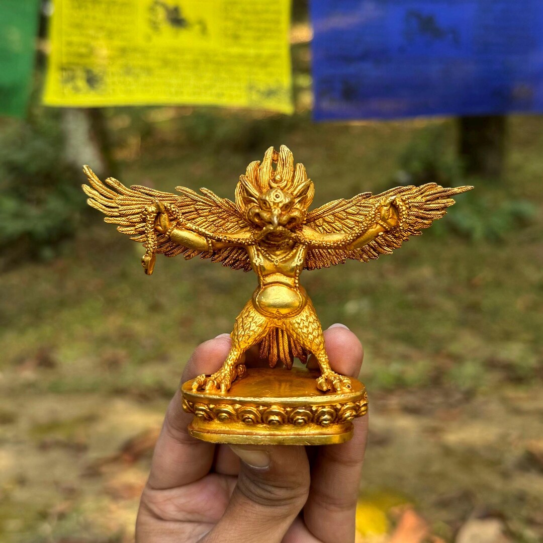 Gold Leaf Garuda Statue: Copper Altar Decor With Prayer Flag - Etsy