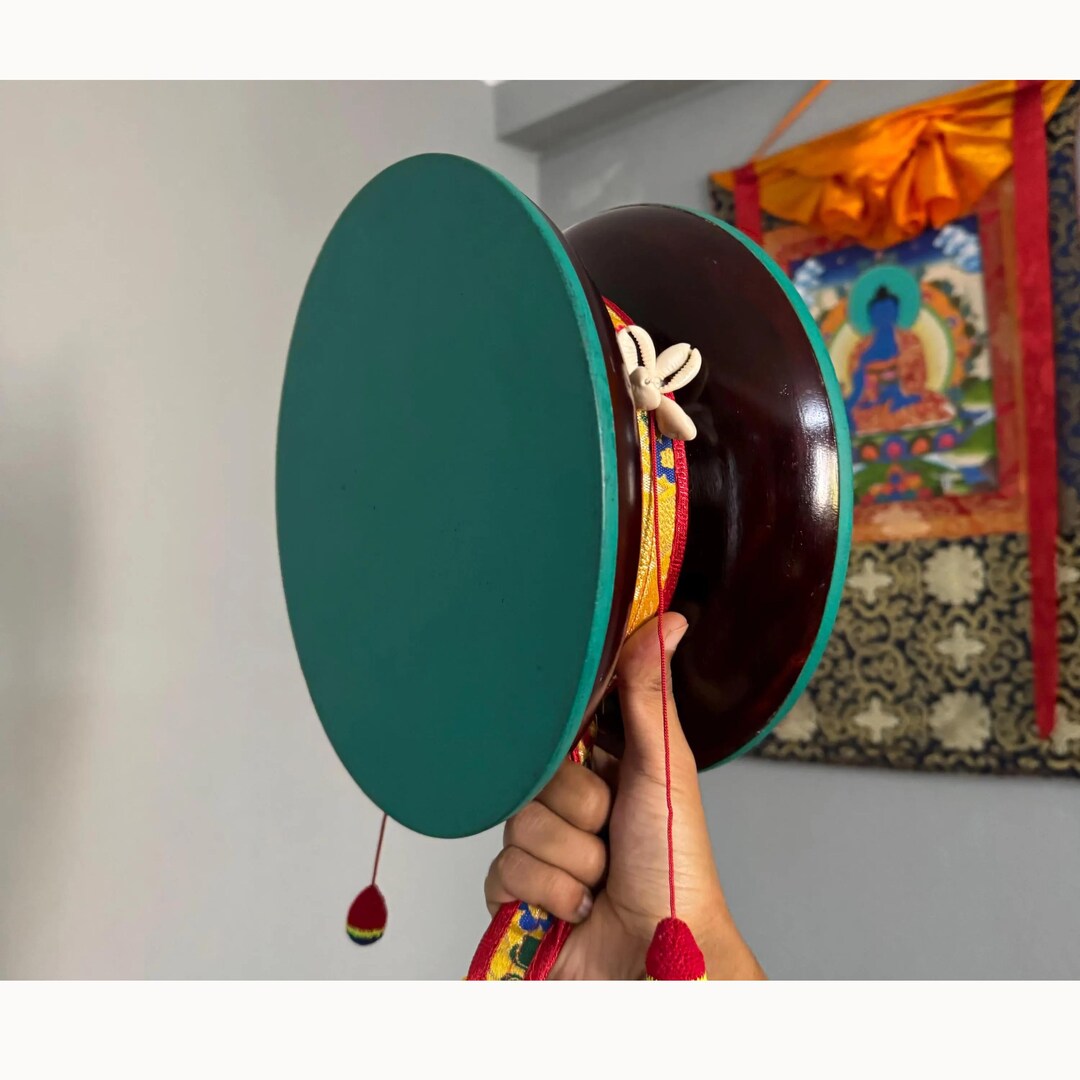 Big Size Tibetan Damaru and Prayer Flag, Genuine Hand Made Tibetan Chod ...