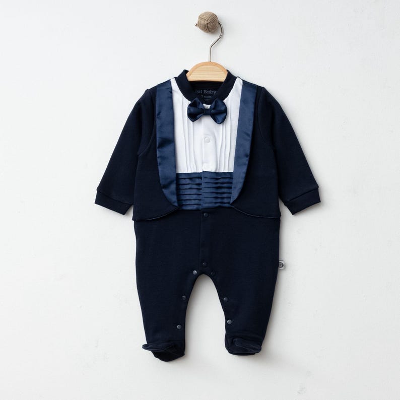 Baby Cotton Tuxedo Romper: Formal Infant Outfit With Bow Tie - Etsy