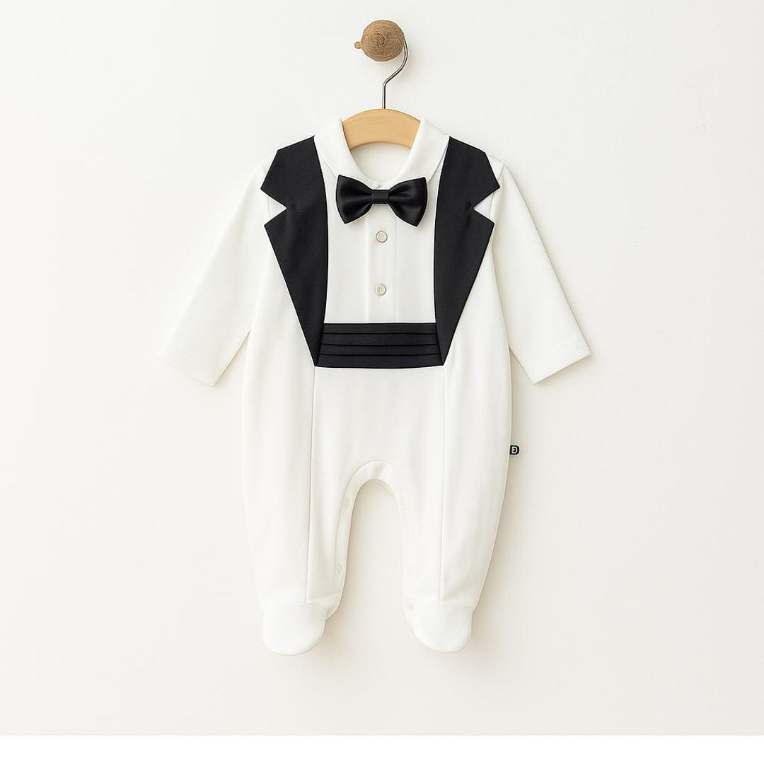 Baby Boy Tuxedo Romper: Soft Cotton Formal Outfit With Bow Tie - Etsy