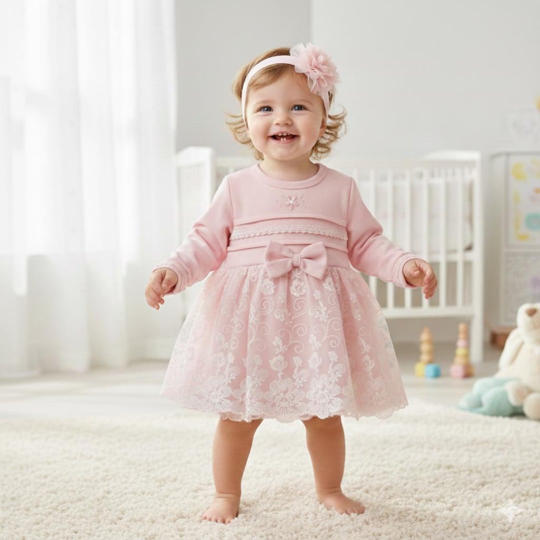 Pink Baby Girl Lace Dress With Headband, Newborn Coming Home Outfit ...