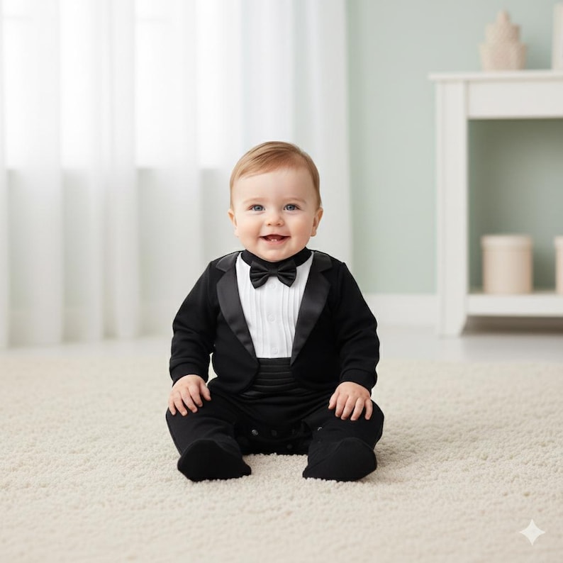 Baby Cotton Tuxedo Romper: Formal Infant Outfit With Bow Tie - Etsy