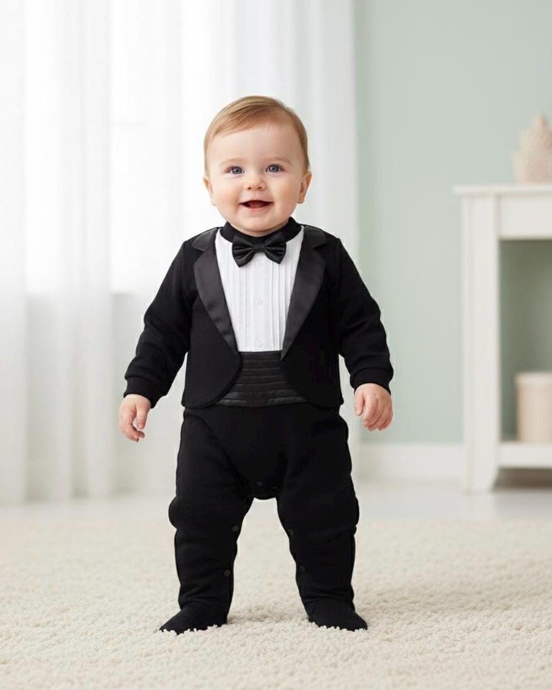 Baby Cotton Tuxedo Romper: Formal Infant Outfit With Bow Tie - Etsy