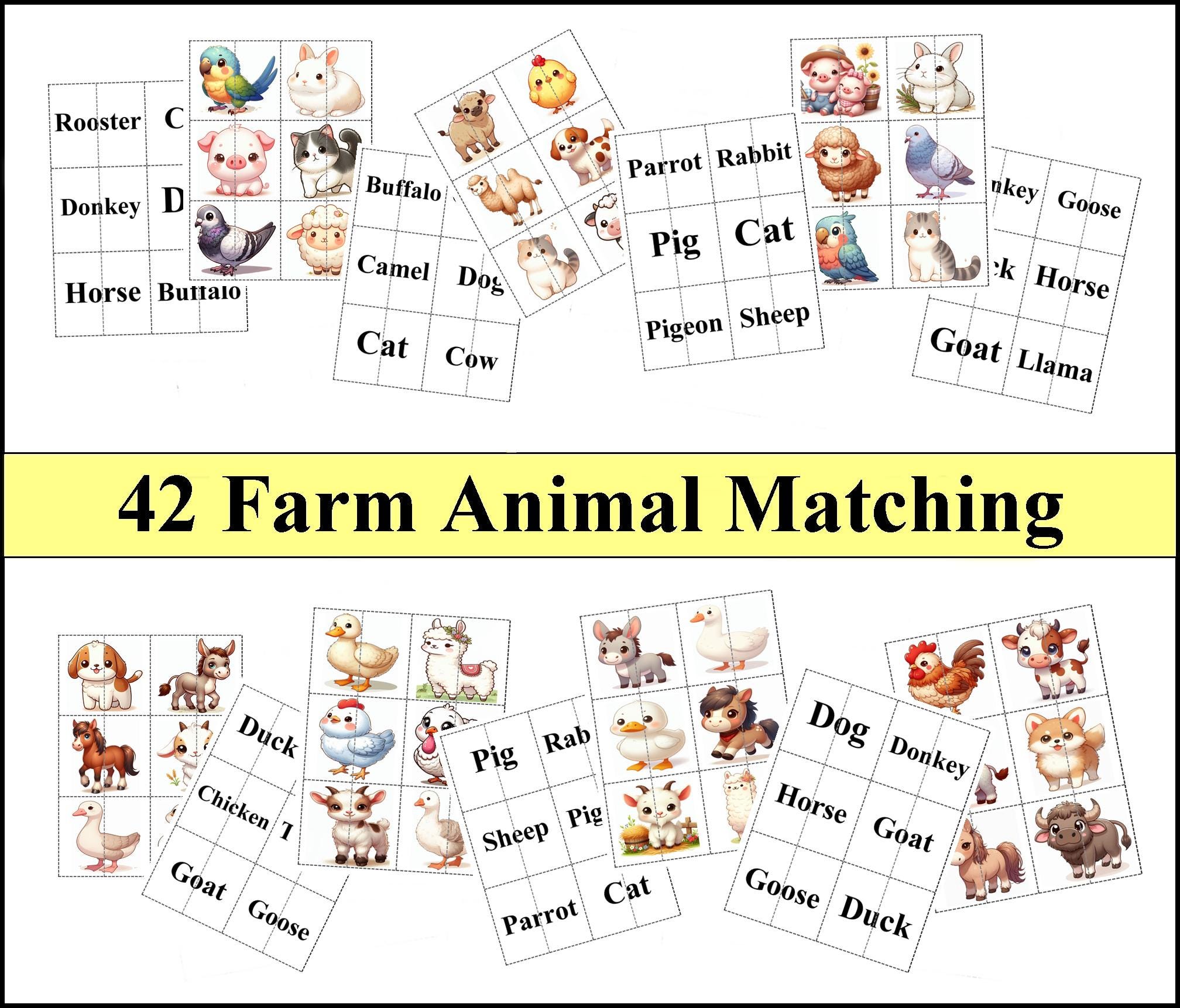 42 Farm Animals Matching Game for Kids, Interactive Matching, Naming ...