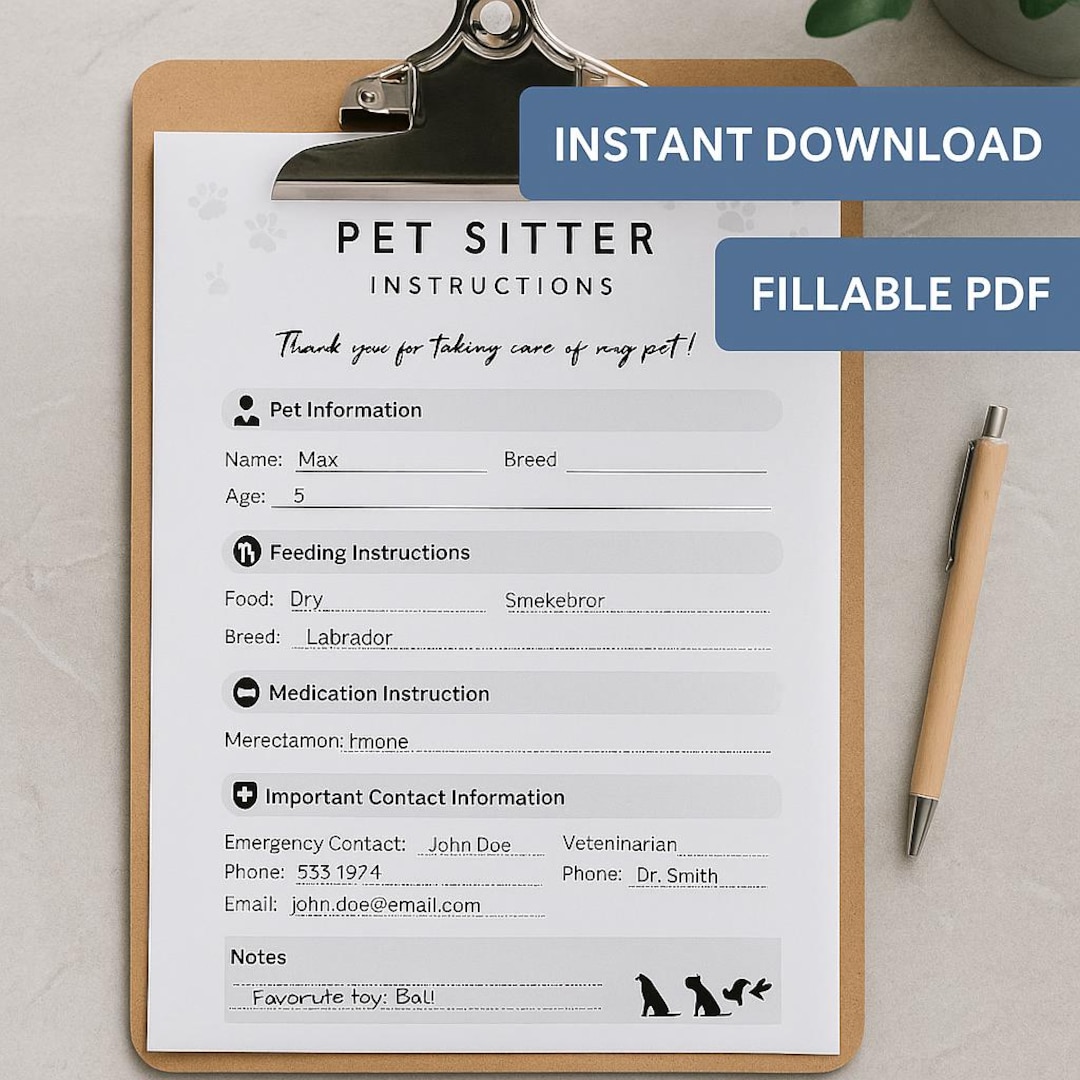 Editable Pet Sitter Instructions Template | Printable Dog & Cat Care ...