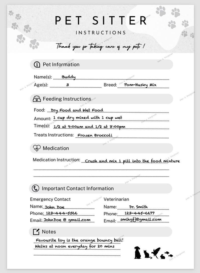 Editable Pet Sitter Instructions Template | Printable Dog & Cat Care ...