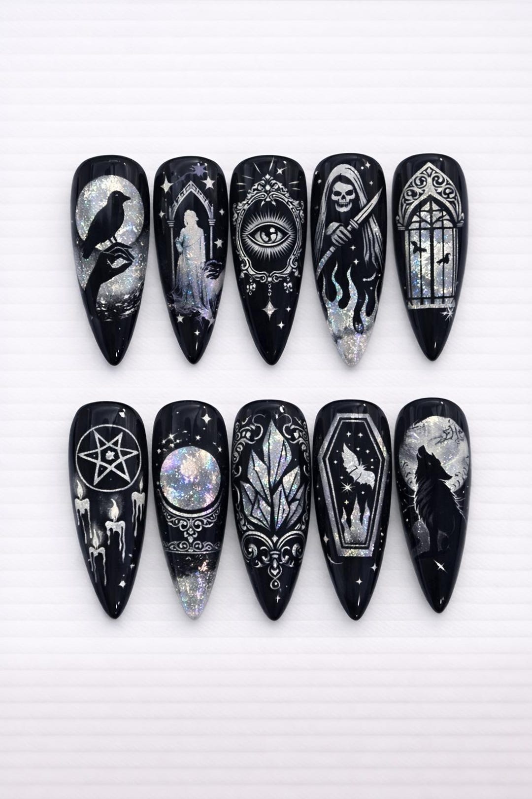 Dark Gothic Witch Press on Nails, Raven Skull Reaper Occult Nails ...