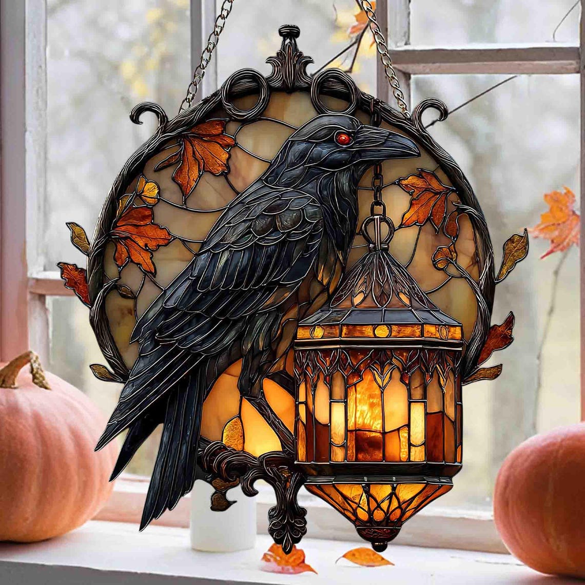 Gothic Raven Lantern Acrylic Window Hanging Faux Stained Glass ...