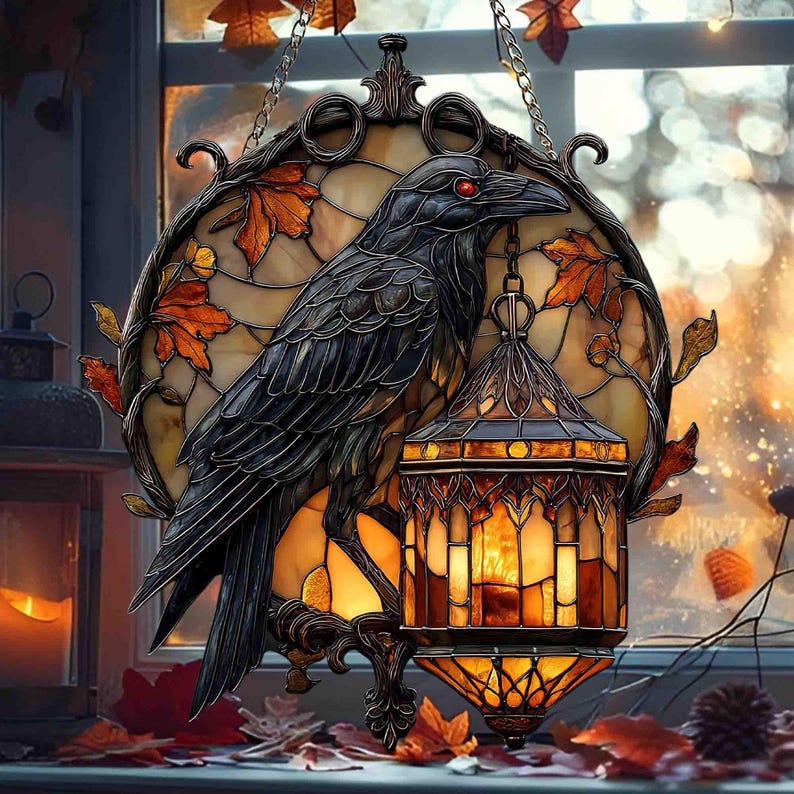 Gothic Raven Lantern Acrylic Window Hanging Faux Stained Glass ...