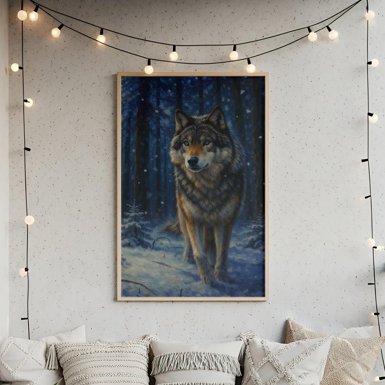 Majestic Wolf in a Snowy Forest – Digital PNG Oil Painting Print ...