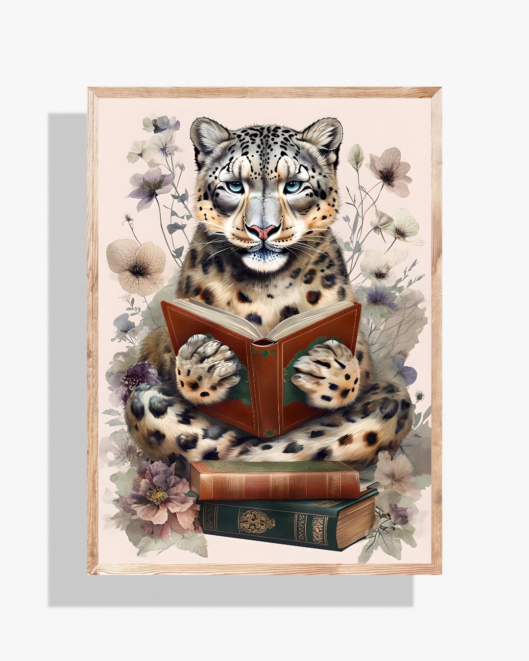 Whimsical Snow Leopard Reading Art Print: Vintage Style Animal Wall ...