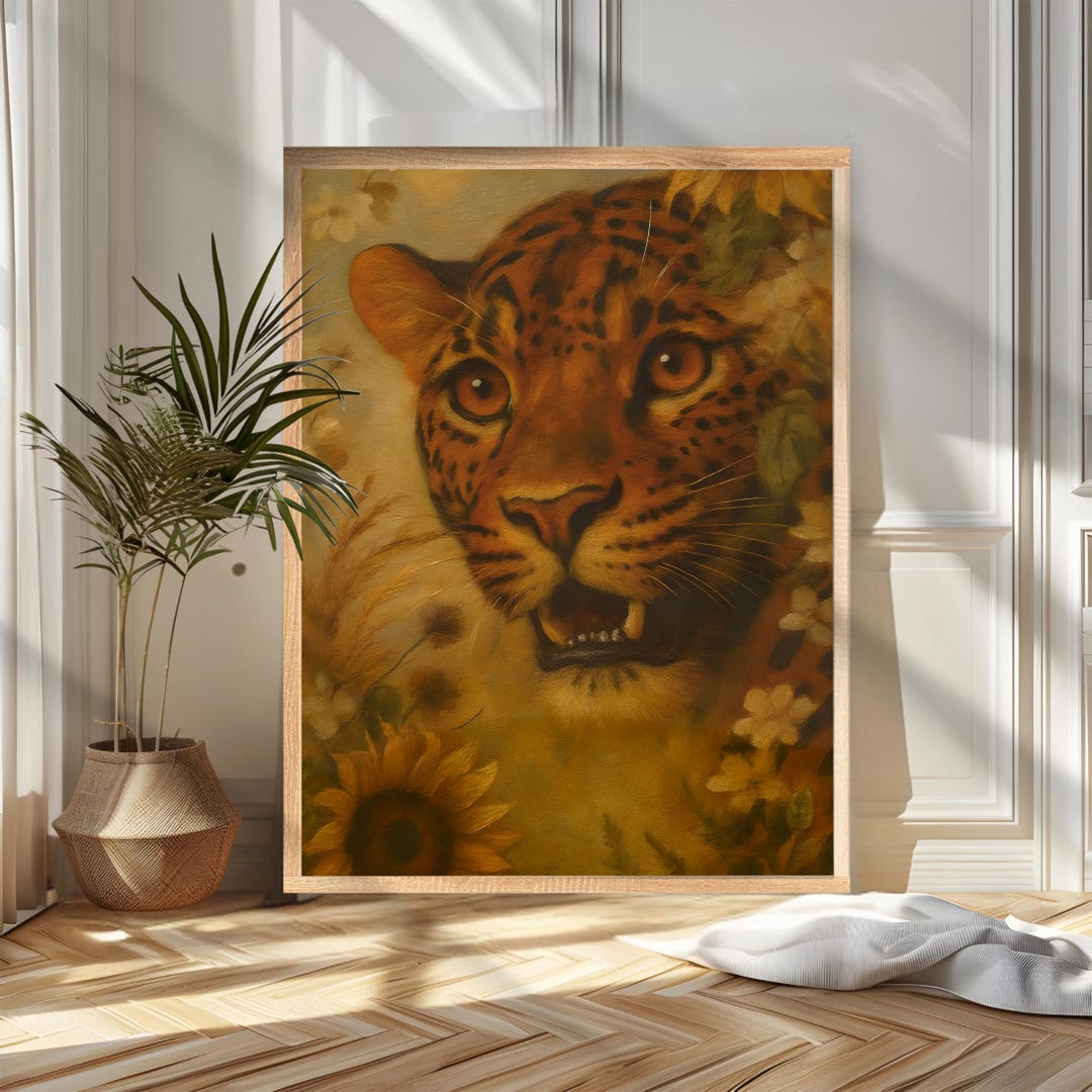 Jaguar Head With Floral Surround – Digital PNG Print in Oil Painting ...