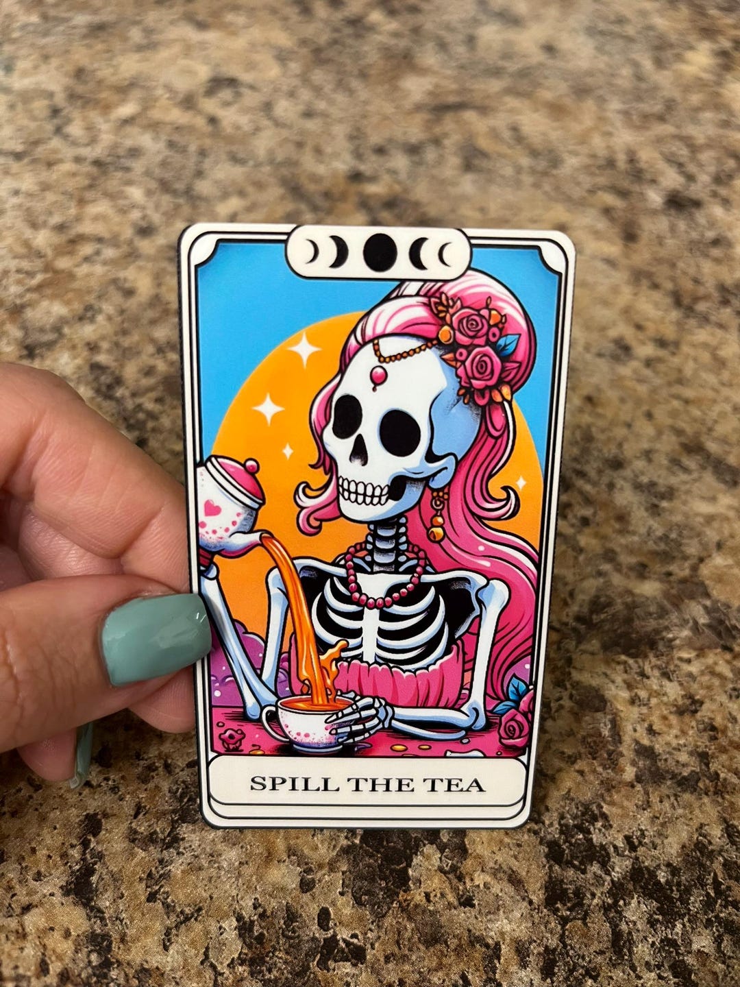 Spill the Tea Tarot Skeleton Sticker – 3.5"x2" Pink Hair Skeleton ...