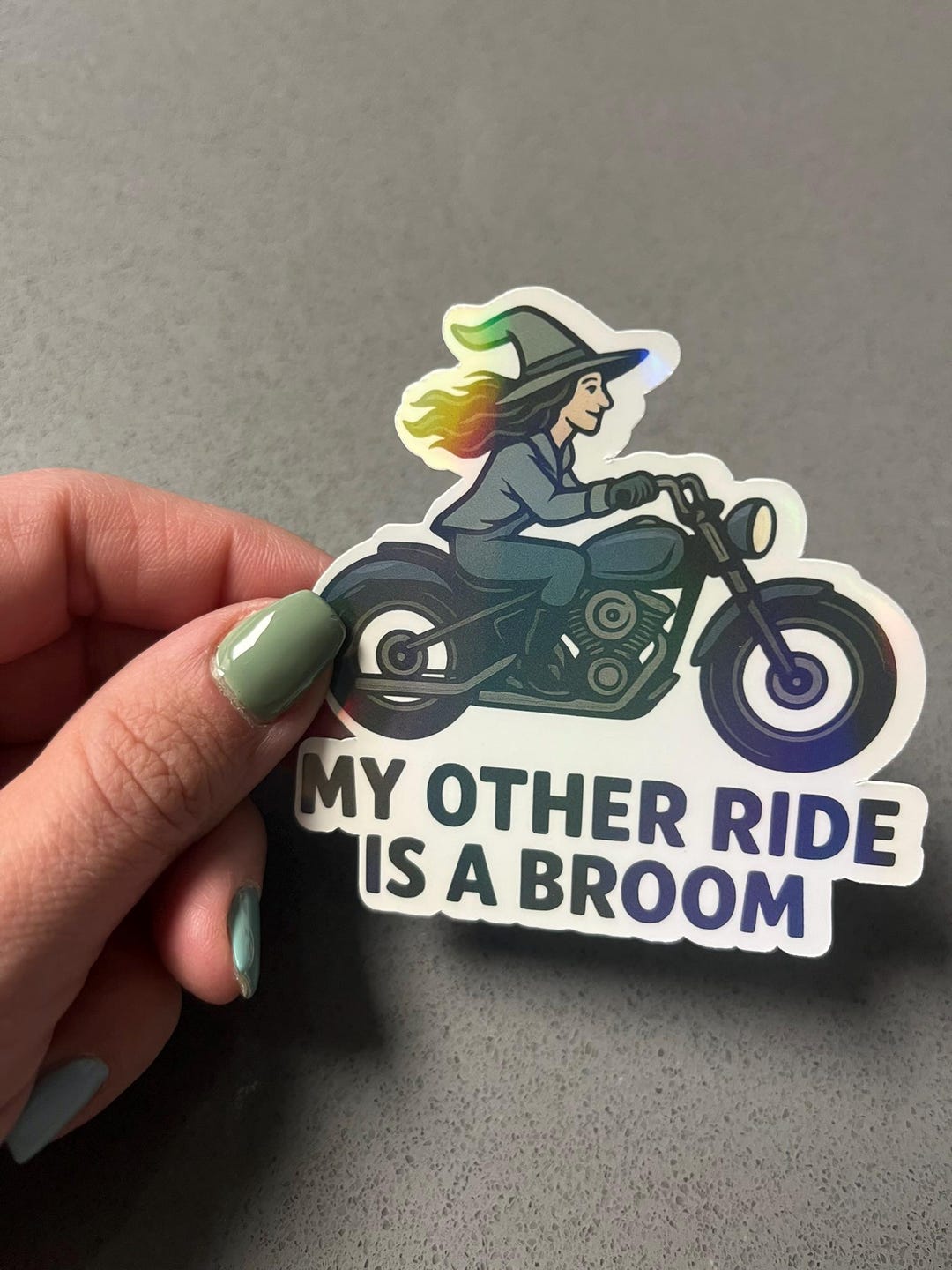 Holographic Witch Biker Sticker | Rainbow Motorcycle Magic Decal ...