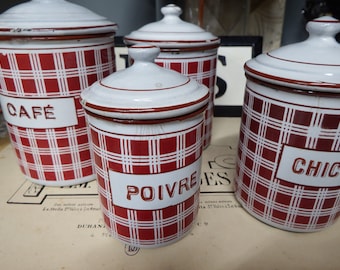 French Enamel Canisters Brown Red Containers Vintage Kitchen Canisters ...