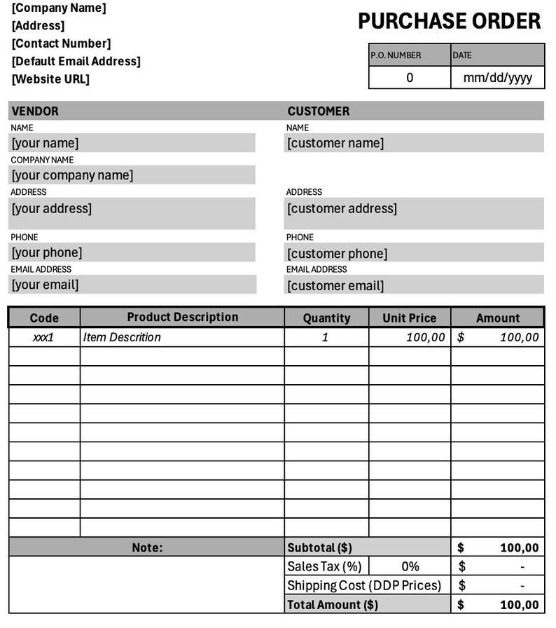 Editable Purchase Order Template | Excel and Word PO Template | Order ...