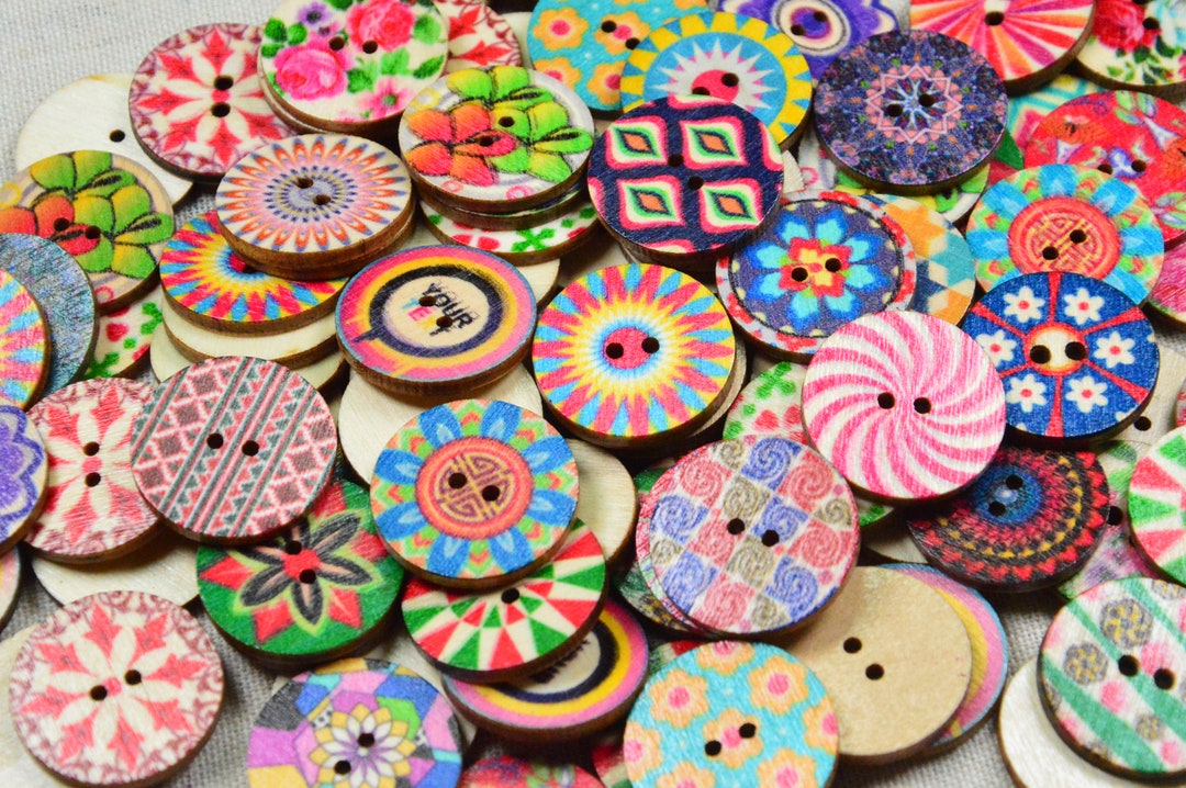 20 PCS Bohemian Style Wooden Buttons, Assorted Pattern Button ...