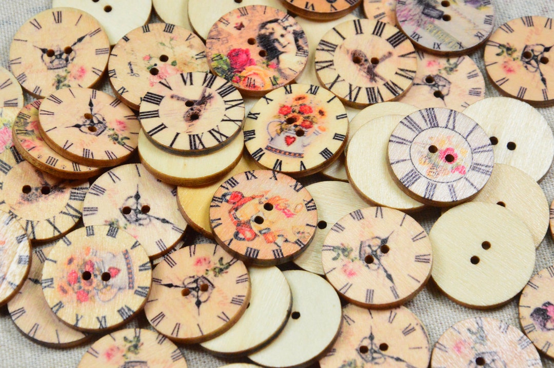 20PCS Clock Theme Wooden Buttons, Vintage Style Clock Buttons 25mm ...