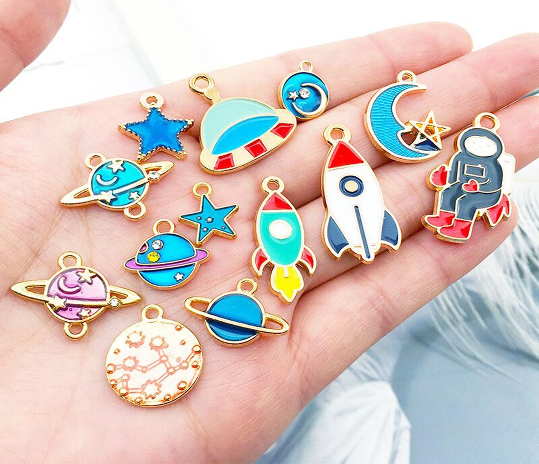 Assorted 20 Enamel Charms, Space Universe Theme Gold Tone Alloy Charms ...