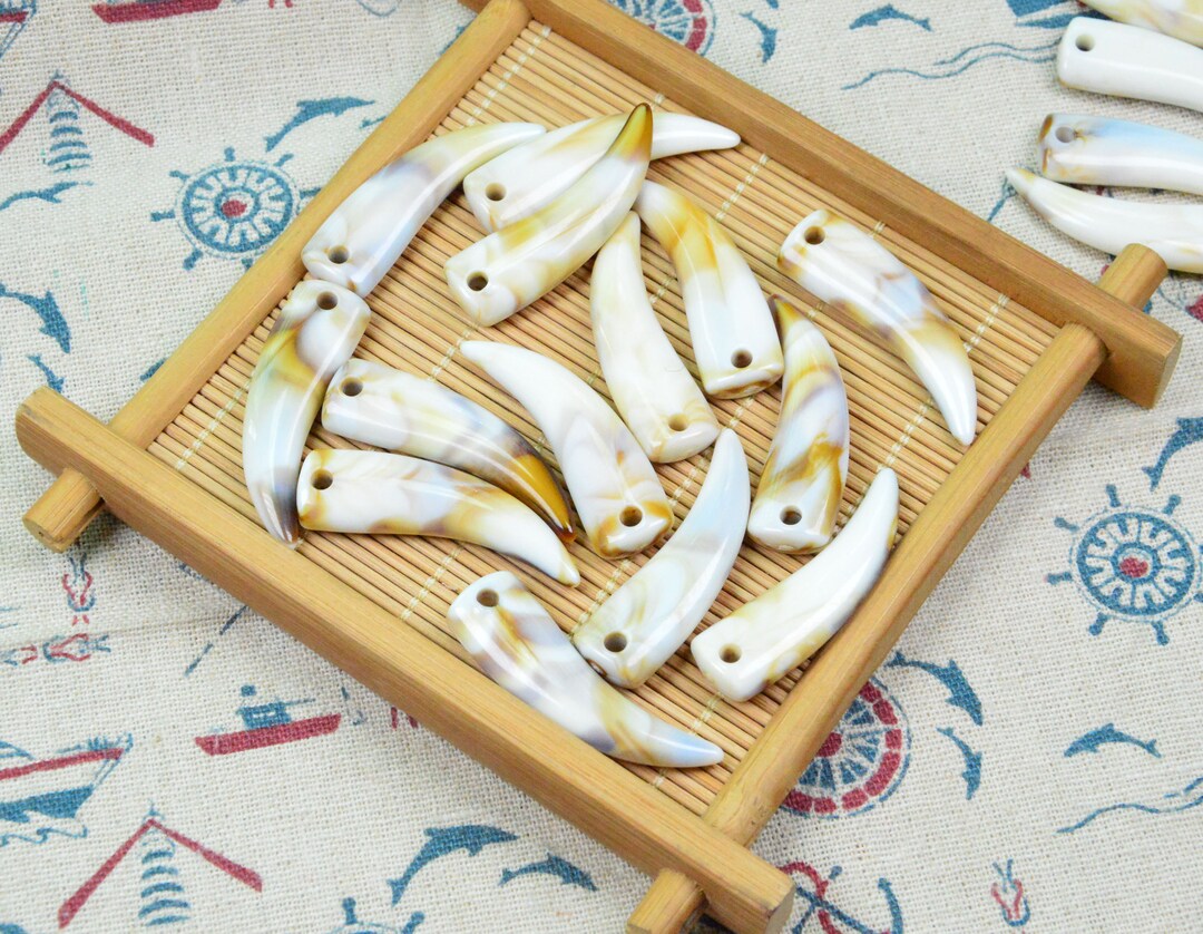 36 Pcs Brown Marbled White Plastic Teeth, Curved Sharp Teeth, Faux ...