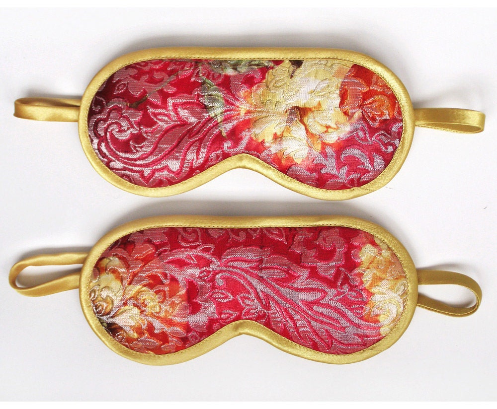 Flowery Silk Sleep Mask, Gold Oriental Jacquard Flower Face Mask, Women ...