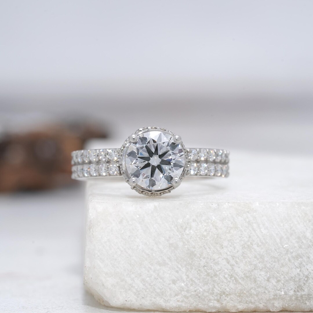 Round Moissanite Engagement Ring, GRA Certified, 14K Gold Double Band ...