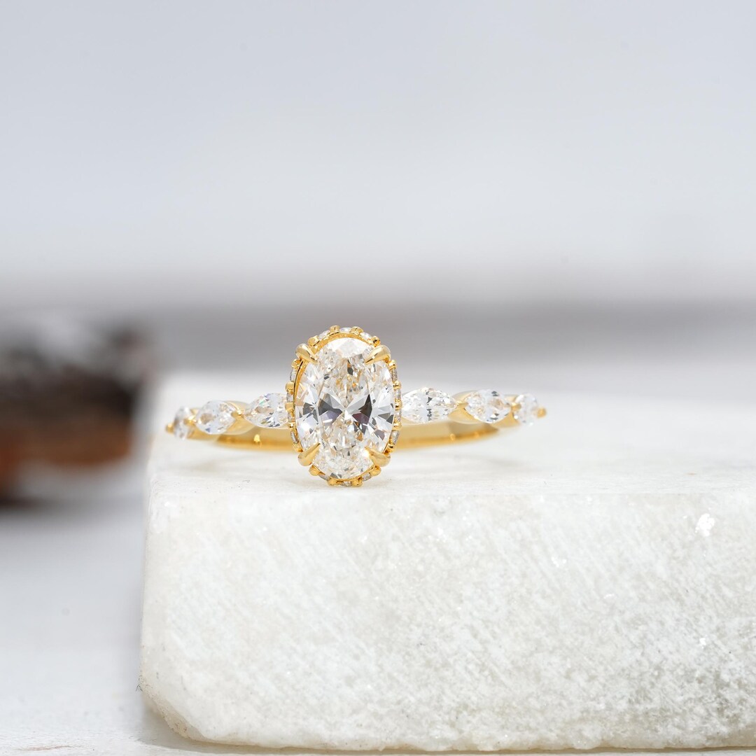 Oval Moissanite Engagement Ring, GRA Certified, 14K Gold Half Eternity ...