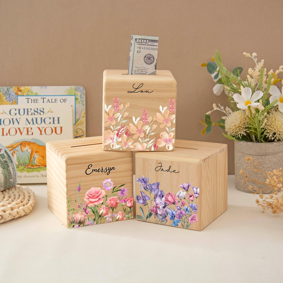 Custom Wooden Flower Money Box, Christmas Gift for Baby Girl, Floral ...