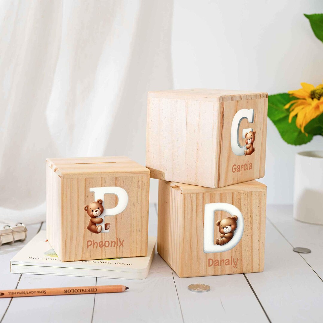 Custom Initial Wood Money Box, Money Bank With Bear, Initial Piggy Bank ...