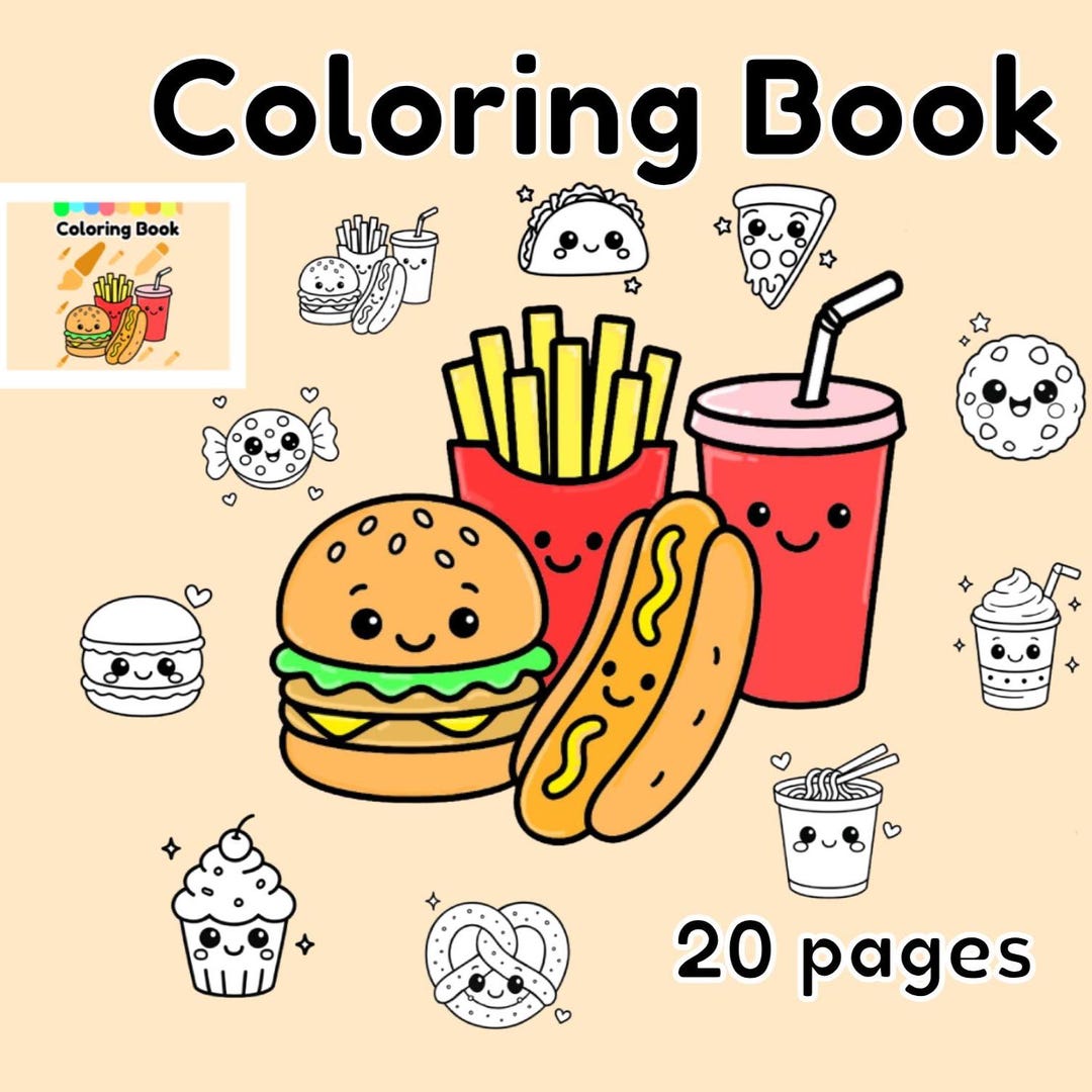 Kawaii Fast Food Coloring Pages: Burger, Fries, Soda (PDF Download) - Etsy