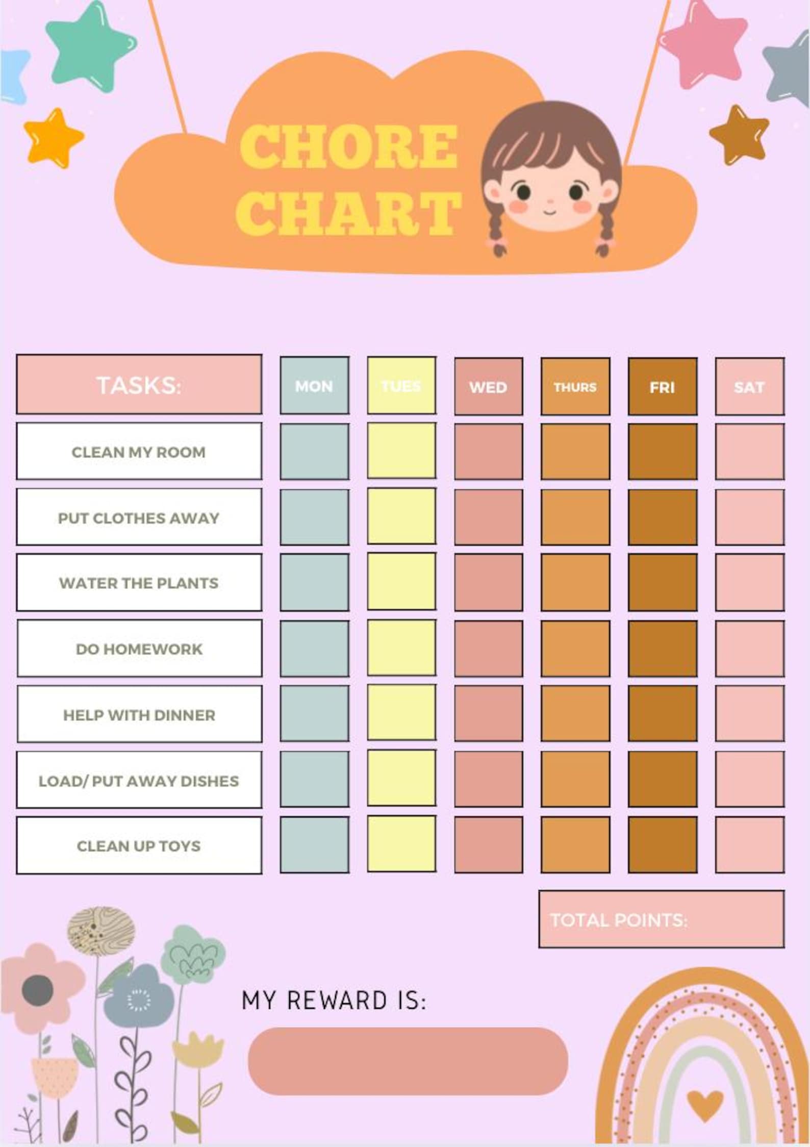 For Girls- Chore Chart Printable - Etsy