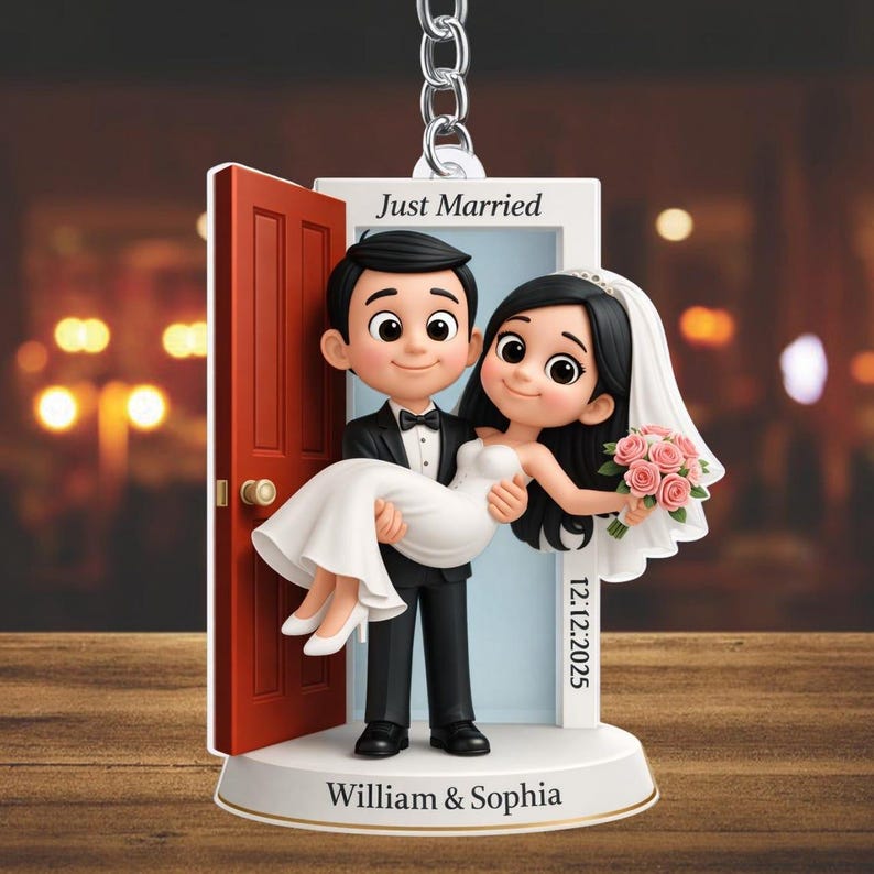 Personalized Just Married Couple 2D Flat Acrylic Keychain, Valentine's ...