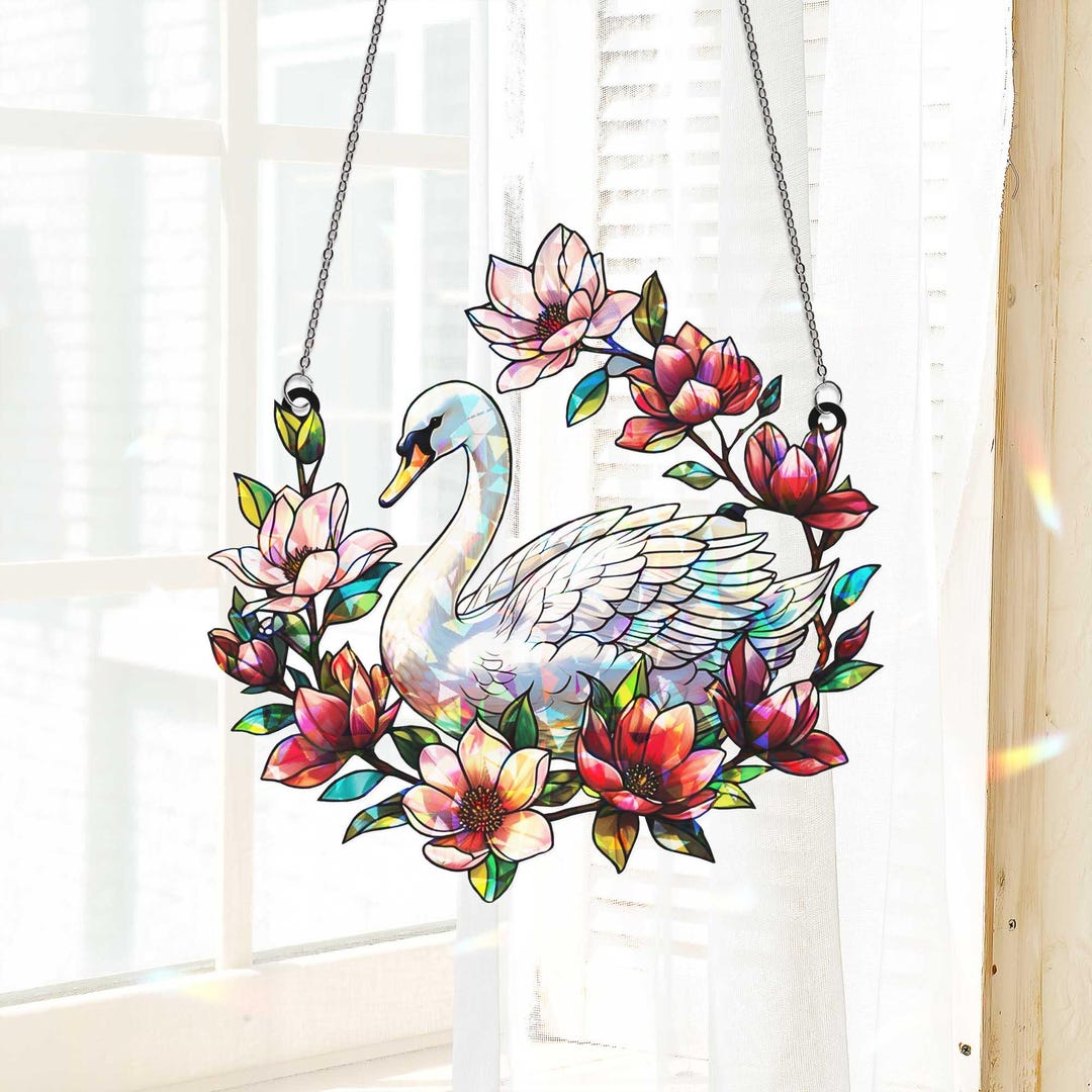 Swan Floral Sun Catcher – Stained Glass Window Hanging – Swan Window ...