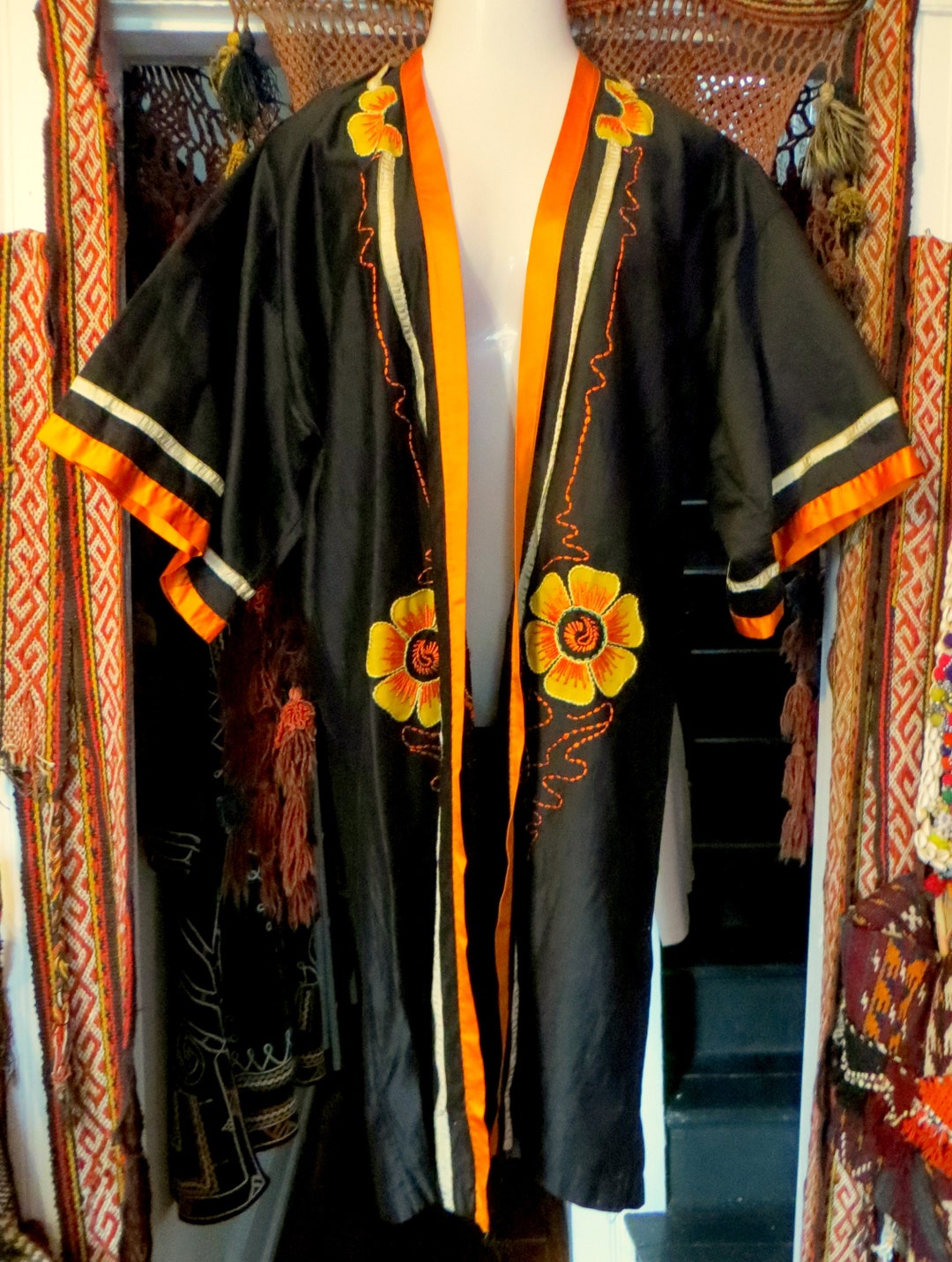1930s Arts and Crafts Hand Embroidered/painted Black Robe/duster/kimono ...