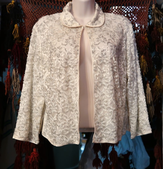 Stunning 50s Sparkling Beaded White Netted Lace Cardi… - Gem