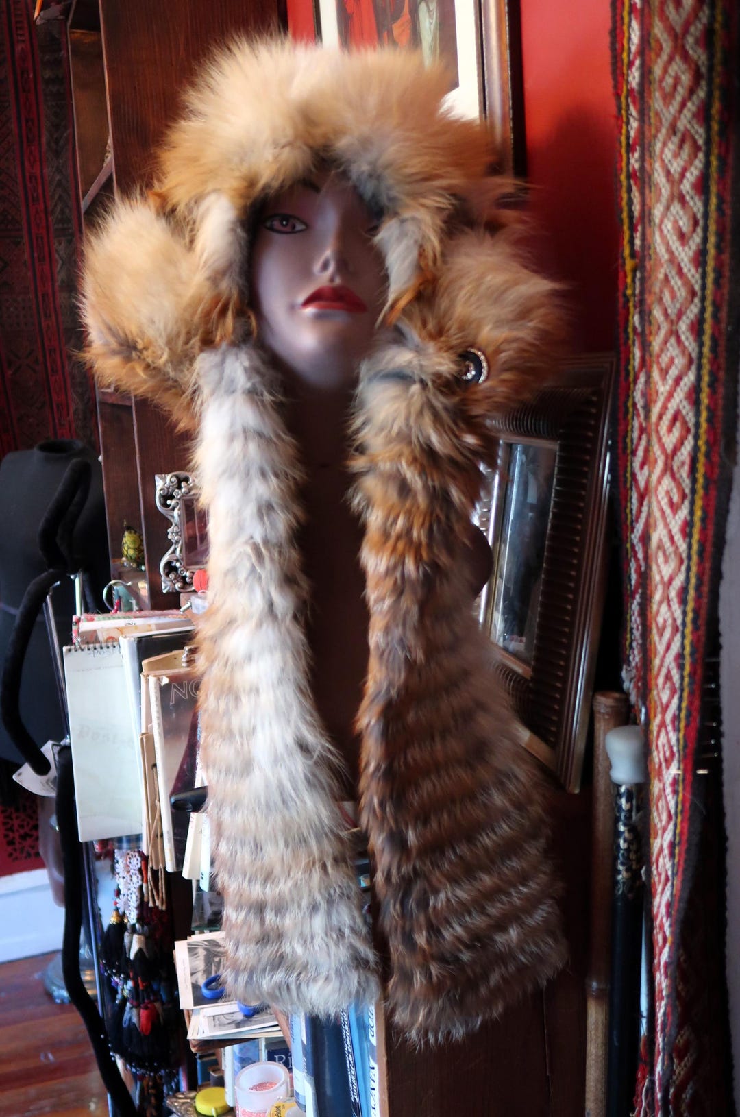 Fabulous Large Vintage Red Fox Fur Hood W/long Hanging Tail Like Pieces ...