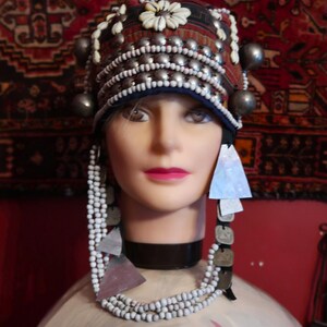 Rare Asian Embroidered Headdress W/beads, Cowrie Shells, Fur, Coins ...