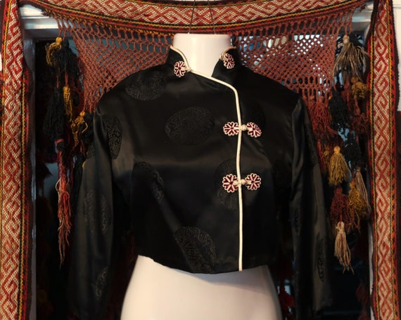 Rare 50s Two Piece Asian Black on Black Brocade Silk … - Gem