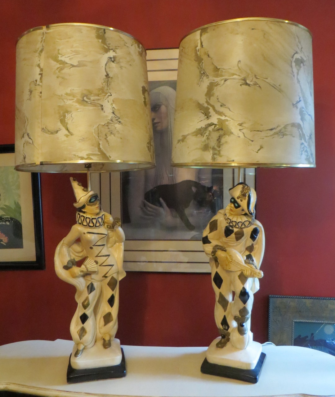 SALE Rare Set of Figural Jester/harlequin Lamps W/original Shades Art ...