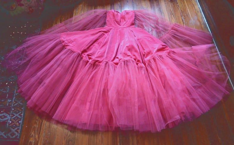 SALE Outrageous 50s Ruby Pink Rose Velvet and Tulle Strapless Ball Gown ...