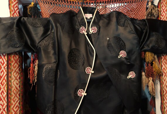 Rare 50s Two Piece Asian Black on Black Brocade Silk … - Gem