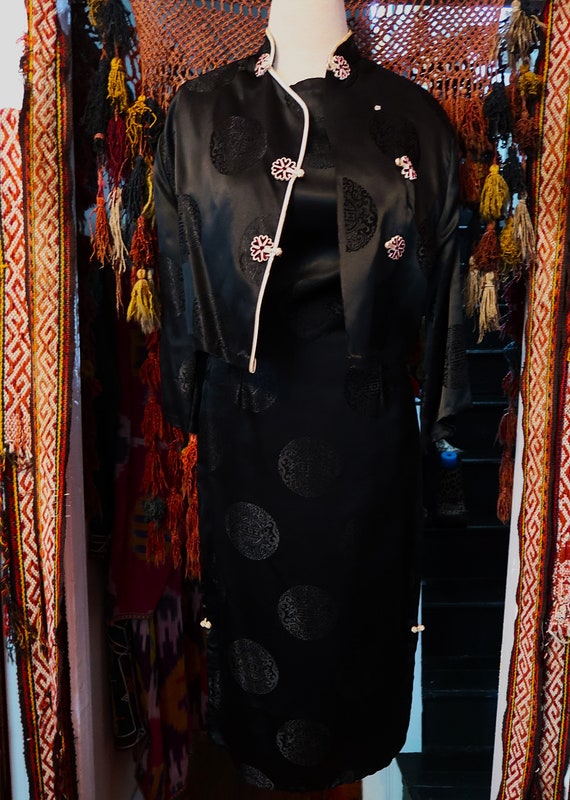 Rare 50s Two Piece Asian Black on Black Brocade Silk … - Gem
